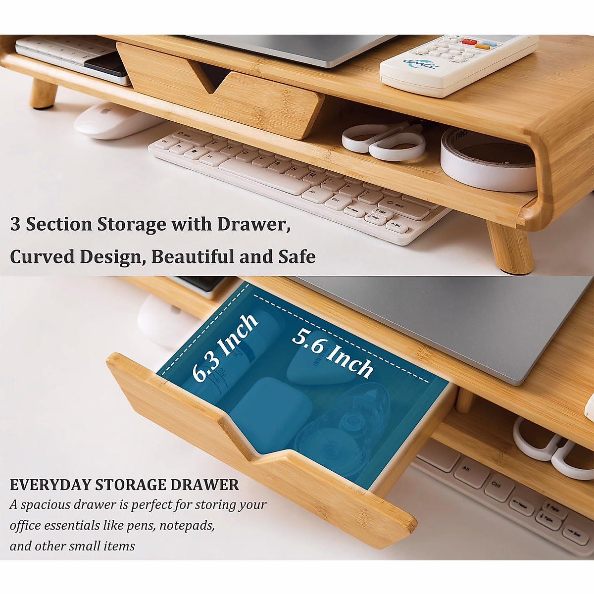 Homerays Bamboo Monitor Stand Riser, No Assembly Required Exquisite Monitor Stand with Drawer, Ergonomic Height Wood Monitor Stand