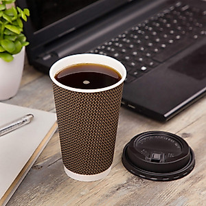 Promora Brown Disposable Coffee Cups With Lids 16 oz, Premium Insulated Paper Ripple Cups for Hot Coffee, Paper Cups 16 oz Coffee Cups 16 oz, Hot Cups With Lids 16 oz, Paper Coffee Cups (80 Pack)