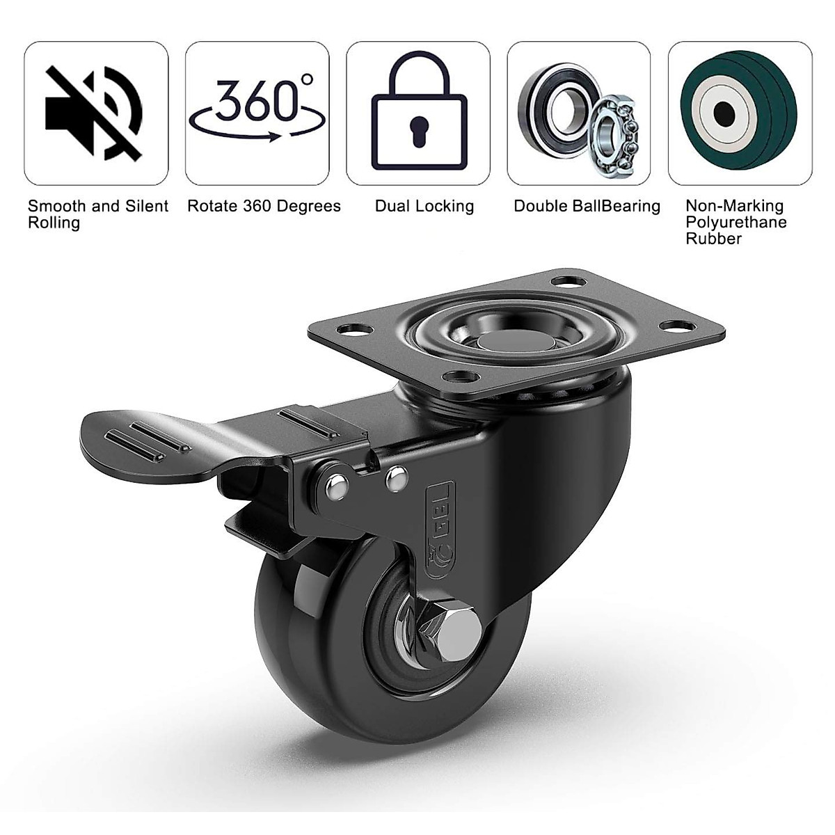 GBL 2" Heavy Duty Caster Wheels with 2 Brakes + Screws - up to 440Lbs - Set of 4 No Floor Marks Silent Castor for Furniture - Rubbered Trolley Wheels - Black Casters
