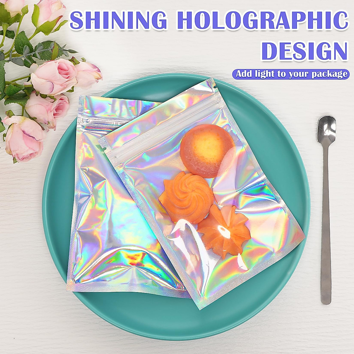JETMORE 100 Pcs Mylar Bags, Smell Proof Bags with Clear Window, Holographic Bags for Snack, Cookie, Jewelry, Candy, Gift, Resealable Bags for Small Business, Sealable Bags for Packaging（2.4x3.9in）