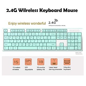 Wireless Keyboard Mouse Combo,2.4G USB Cordless Cute Lightweight Mute Chocolate Keyboard and Optical 800-1200-1600DPI Adjustable Mouse Set Office Game Home Use for Notebook Laptop Computer (Green)