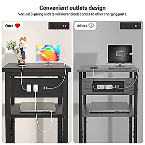 Aheaplus 3 Tier Slim End/ Side Table Set of 2 with Charging Station, Storage Shelf, Narrow Bedside Nightstand with USB Ports & Outlets for Sofa, Bedroom, Living Room, Black