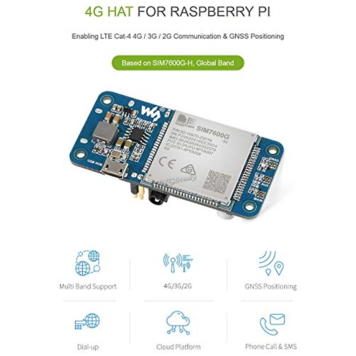 XYGStudy SIM7600G-H 4G HAT (B) for Raspberry Pi Zero/Zero W/PC, LTE Cat-4 4G / 3G / 2G Support GNSS Positioning Global Band Supports Wireless Communication Telephone Call SMS GPS Dial-up etc