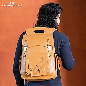 Handmade World Full Grain 18 Inch Leather Laptop Large Backpack Casual Bookbag Daypack Camping Travel Rucksack Knapsack (Camel Brown)