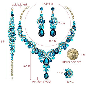 CSY 4 Pcs/Sets Elegant Crystal Necklace Earrings Bracelet Ring Bridal Wedding Costume Jewelry Sets for Brides Women Gifts (gold plated-aquamarine)