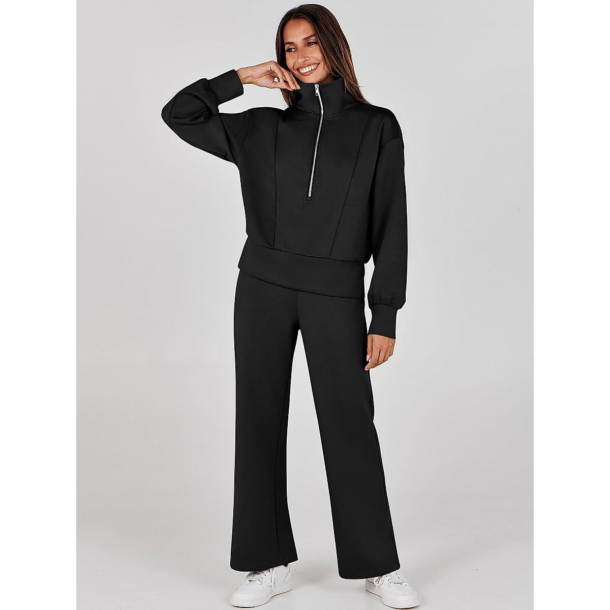 ANRABESS Womens Two Piece Outfits 2024 Fall Sweatsuit Set Half Zip Cropped Sweatshirt Wide Leg Sweatpant Lounge Set Black Medium