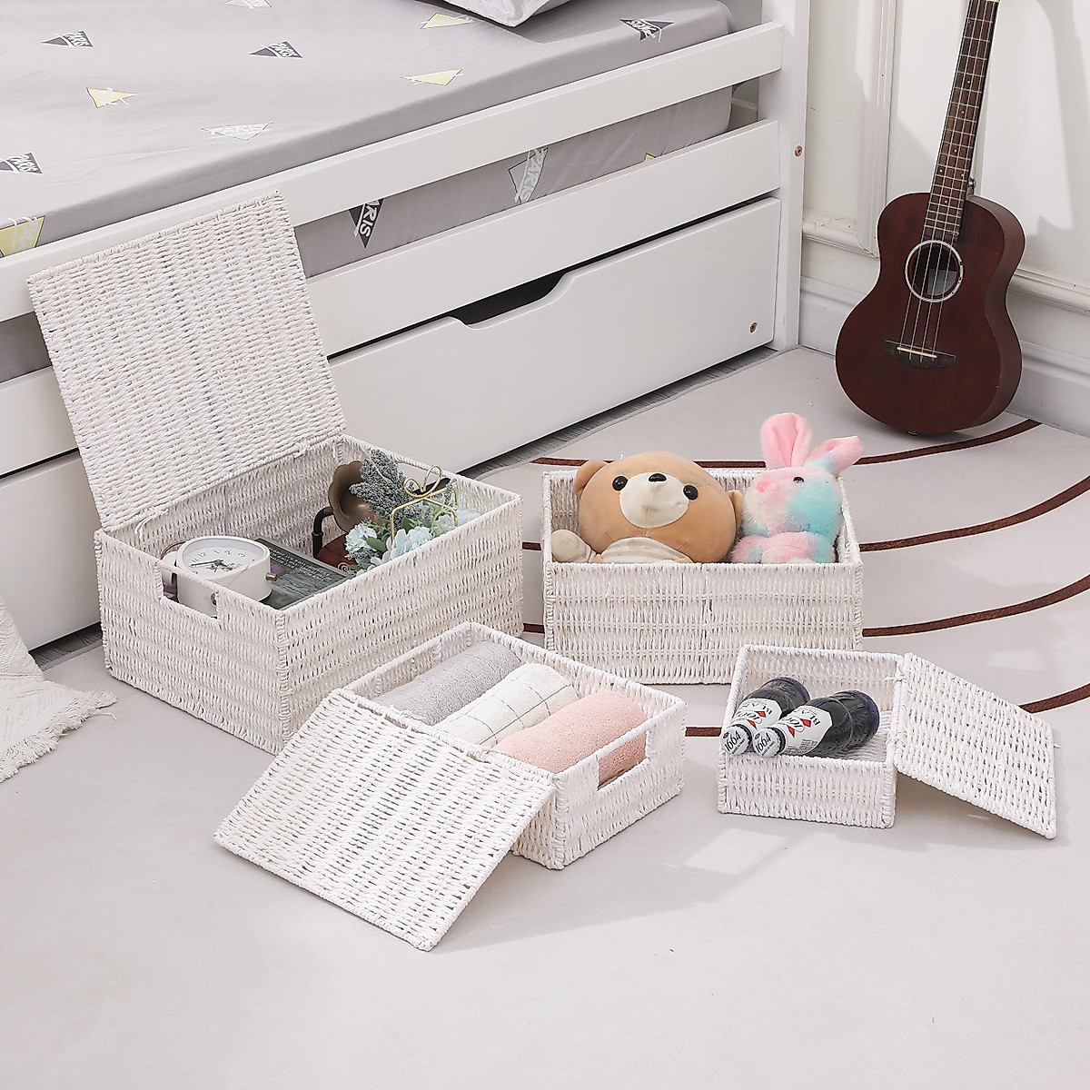 4 Set of Storage Baskets (Pearl White) - Rattan Decorative Box & Closet Organizers and storage & Basket with Lid & small basket with lid, decorative baskets for Clothes, Toys, Books