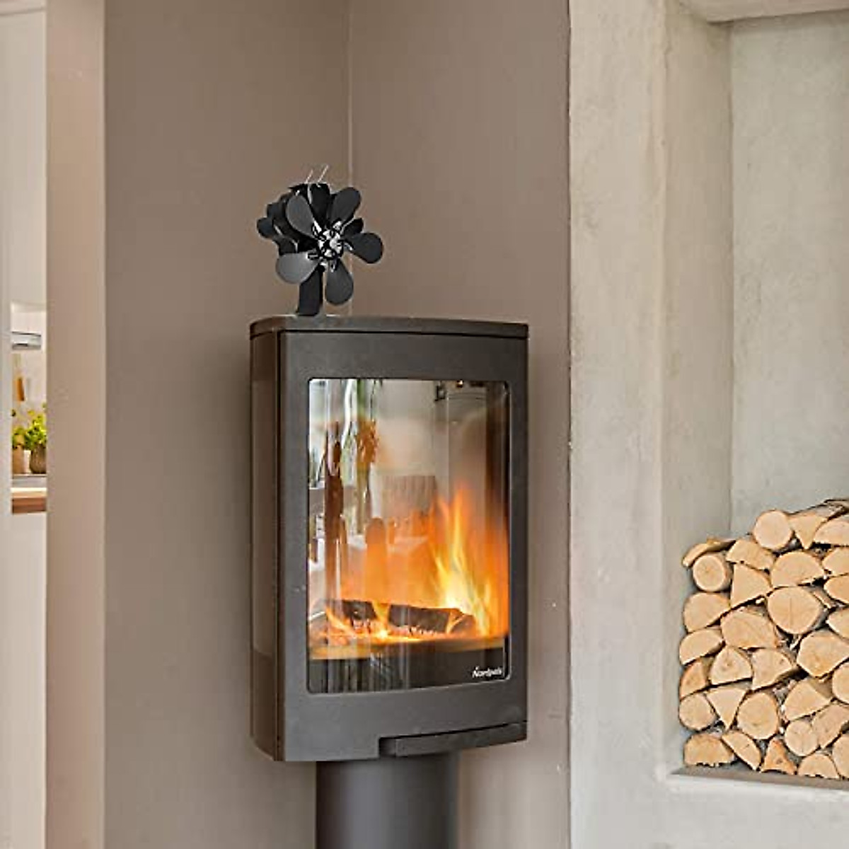 LerkeHony Wood Stove Fan Heat Powered, Fireplace Fan with Thermometer, Circulating Warm Air Saving Fuel Efficiently, for Wood/Log Burner/Fireplace, 5-Blade