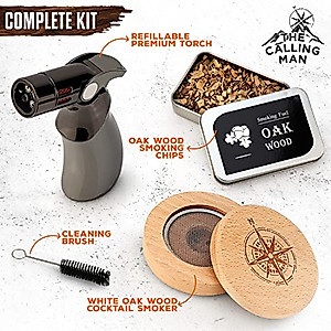 The Calling Man Cocktail Smoker Kit with Torch & Cherry Oak Wood Chips - Cocktail Smoker Kit for Drink Smoker - Mixology Whiskey Smoker Infuser Kit - Smoked Old Fashioned Bourbon Smoker Kit (Flush Design + Wood Chips + Torch)