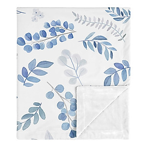 Sweet Jojo Designs Floral Leaf Baby Boy Girl Blanket Receiving Security Swaddle Newborn Toddler Nursery Stroller Soft Minky - Blue Grey White Boho Watercolor Botanical Flower Woodland Tropical Garden