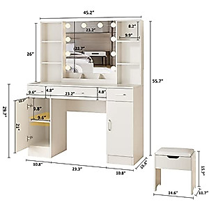 Vabches Makeup Vanity Desk with Lights, 3 Lighting Colors, White Vanity Set Makeup Table with 3 Drawers, 2 Cabinets & Multiple Shelves, Large Vanity 45.2in(L)