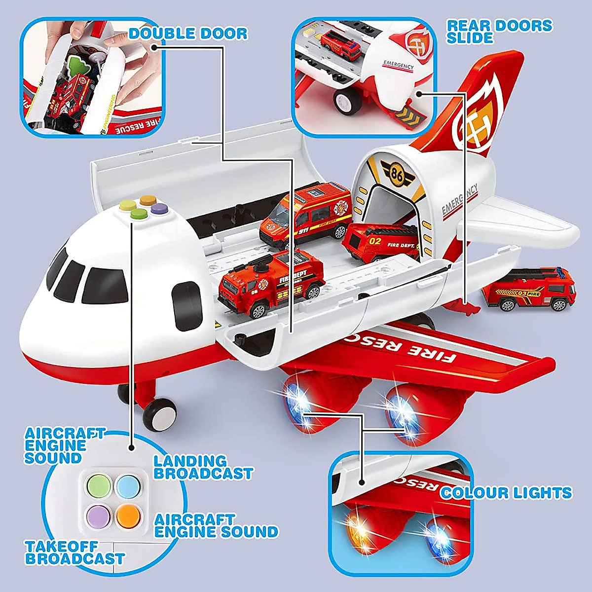 Dwi Dowellin Airplane Toy with Fire Truck Cars and Play Mat,Plane with Lights and Sounds for 3 + Years Old Boys and Girls