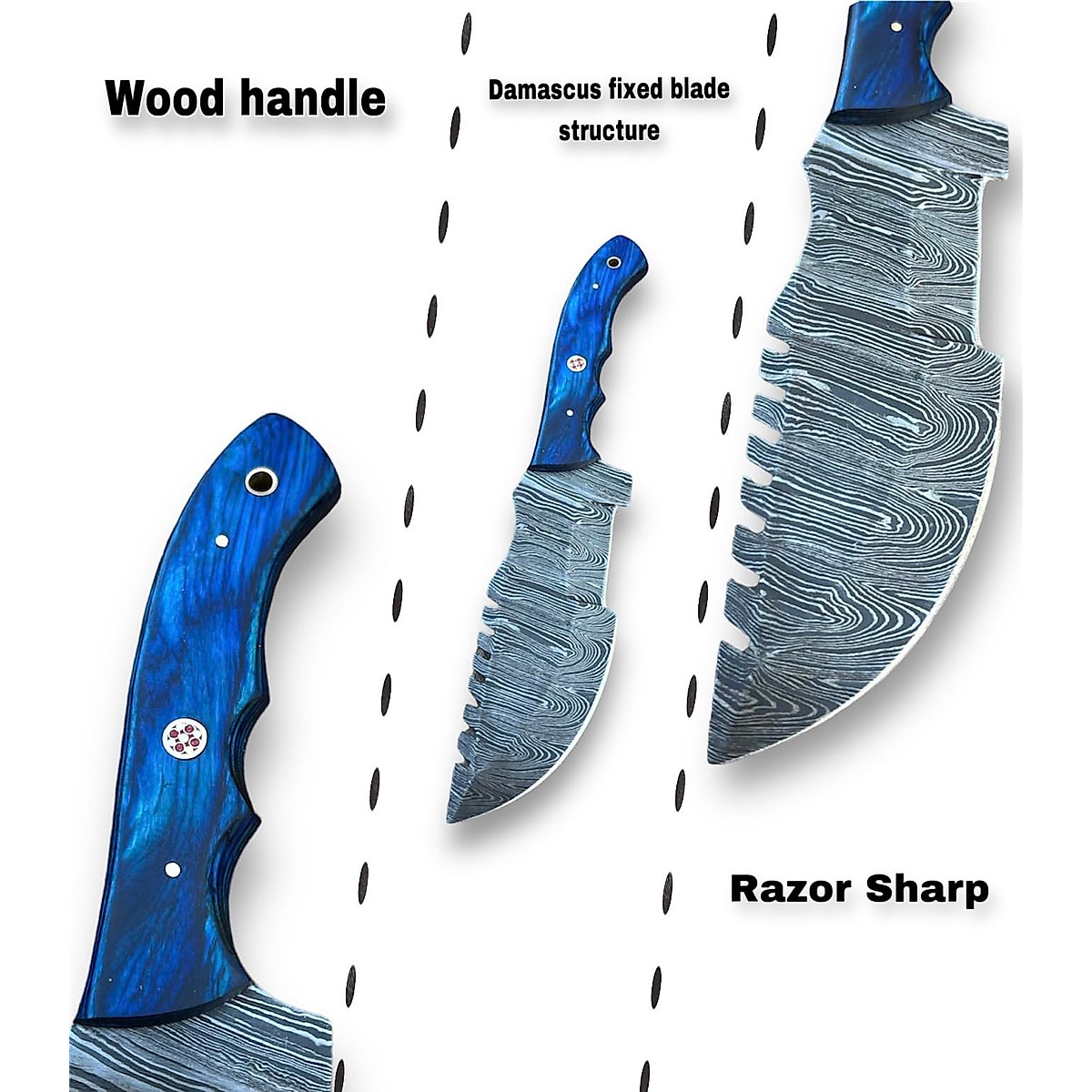 Handmade Hunting Damascus steel Hunting Knife with Genuine Leather Sheath | 10'’ EDC Knife for Men | Fixed Blade Outdoor Knife with Blue Pakka Wood Handle | Damascus Razor Sharp Blade 5212-Blue