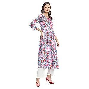 Tissu Women's Rayon Light Blue & Pink Printed A-Line Kurta 2156_Light Blue_XS