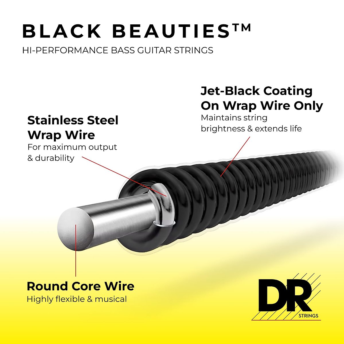 DR Strings Bass Guitar Strings, Black Beauties - Black Coated, 50-110 (BKBT-50)