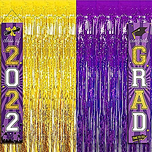 Graduation Decorations 2022 Purple Gold Graduation Party Supplies 2022 Graduation Banner Purple Gold Class of 2022 Congrats Grad Porch Sign and Foil Curtains Graduation Party Decorations by HappyField