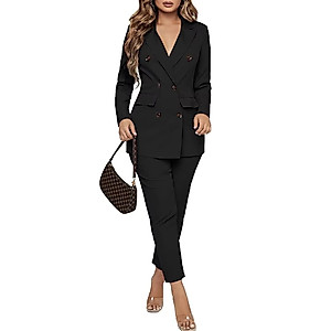 Women Double Breasted Blazer Set Formal 2 Piece Pants Outfits Long Sleeve Bussines Suit Set for Work Office Black L