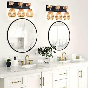ILLMTW 3-Light Bathroom Vanity Lights Over Mirror,Farmhouse Wood Vanity Light Fixtures for Bathroom,Boho Rustic Adjustable Color with Woven Rattan Wicker Wall Sconces for Hallway Bedroom Living Room
