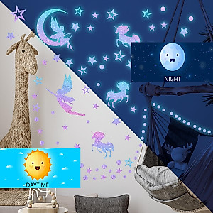 Glow in The Dark Unicorn Wall Decals Unicorn Stars Wall Stickers Blue Luminous Glow Unicorn Stars Moon Ceiling Stickers Decor for Baby Girls Boys Bedroom Ceiling Nursery Room Decor