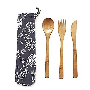 DOACT Bamboo Spoon Flatware, Easy to Clean Bamboo Cutlery Set Cloth Bag for Kitchen (b)