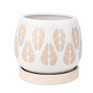 Chonsun Ceramic Planter with Saucer 6 Inch Plant Pots Indoor Oudoor Planter with Drainage Hole Flower Pots Succulent Plant Pots Mid-Century Ceramic Planter White