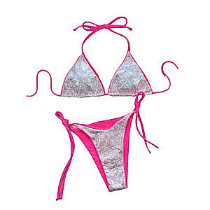 SOLY HUX Women's Sexy Metallic 2 Piece Swimsuit Halter Triangle Tie Side Bikini Set Bathing Suits Silver M