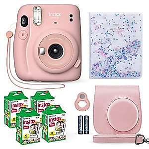 Fujifilm Instax Mini 11 Instant Camera Blush Pink + Fuji Film Value Pack (40 Sheets) + Shutter Accessories Bundle, Incl. Compatible Carrying Case, Selfie Lens, Quicksand Beads Photo Album 64 Pockets