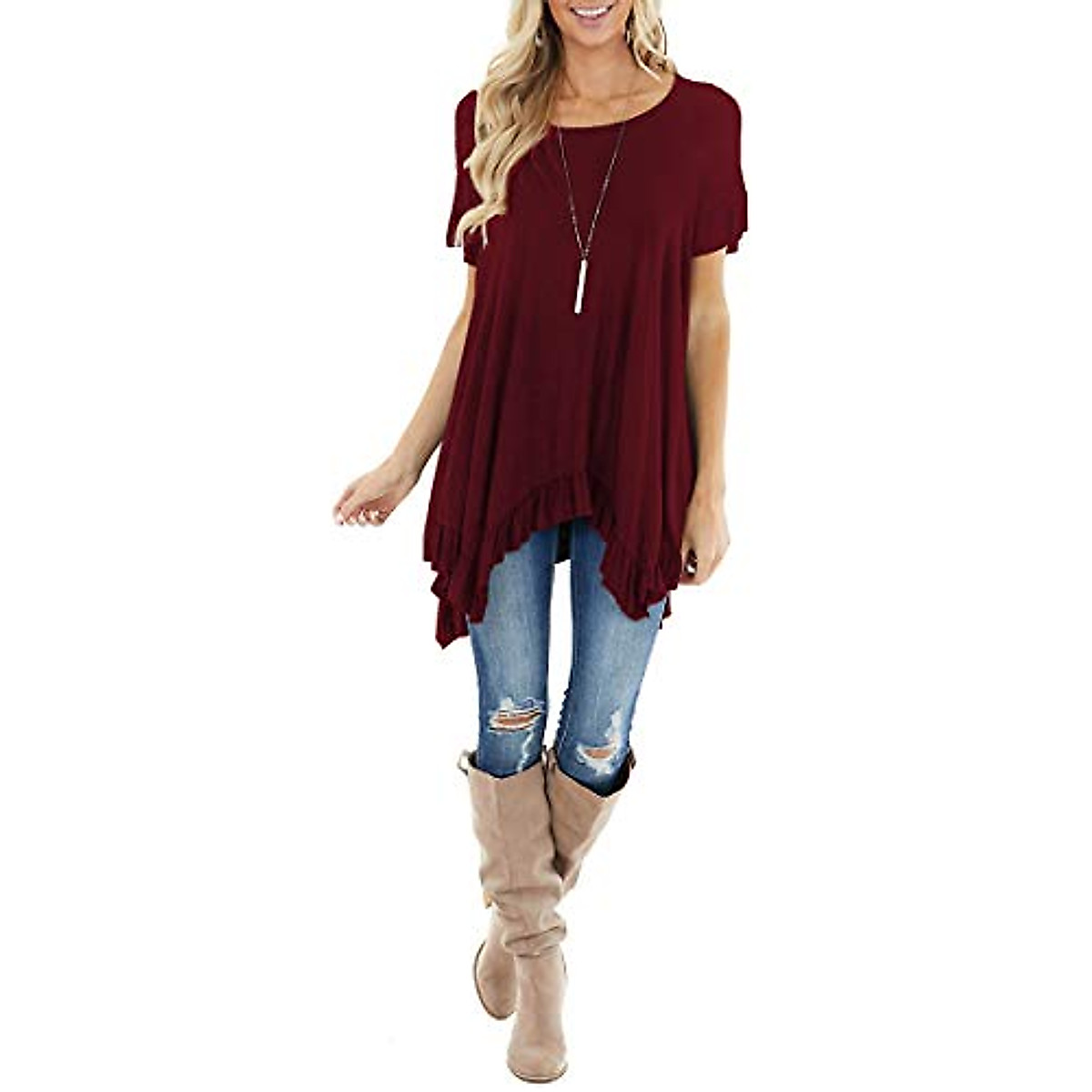 ETCYY NEW Plus Tunic Tops for Leggings for Women Ruffle Comfy Blouses Casual Shirts Ladies Summer Tops Wine