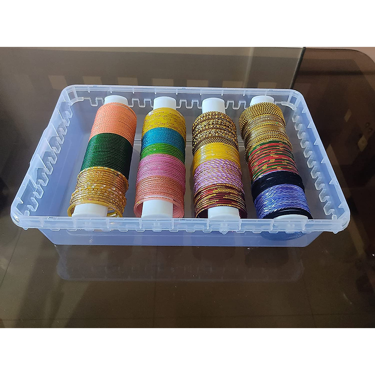 NMII Multipurpose Plastic Storage Box with 4 Adjustable Rods l Storing Box For Bangles, Chuda, Kada, Watches, Scrunchies I (Transparent_Big_4-Rod)