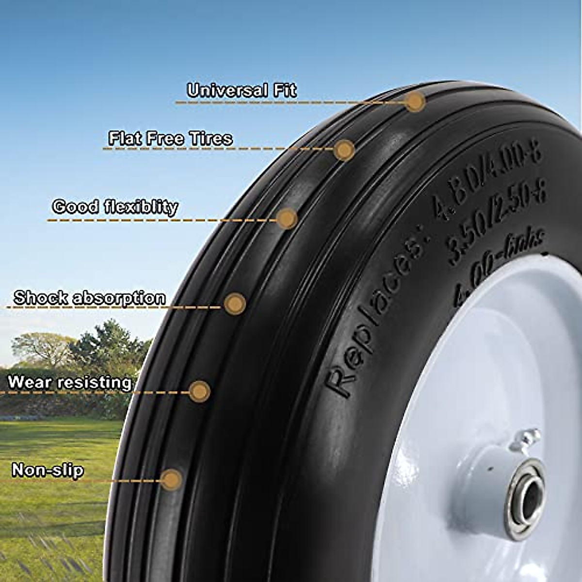 14.5"Flat Free Wheelbarrow Tire with 3/4 & 5/8 Wheel Bearing, 3" Hub 13"-16" Universal Fit Air Less Tire 4.80/4.00-8 for Garden Cart Wagon Ribbed Tread Axle hole 16mm Foamed Polyurethane Tire