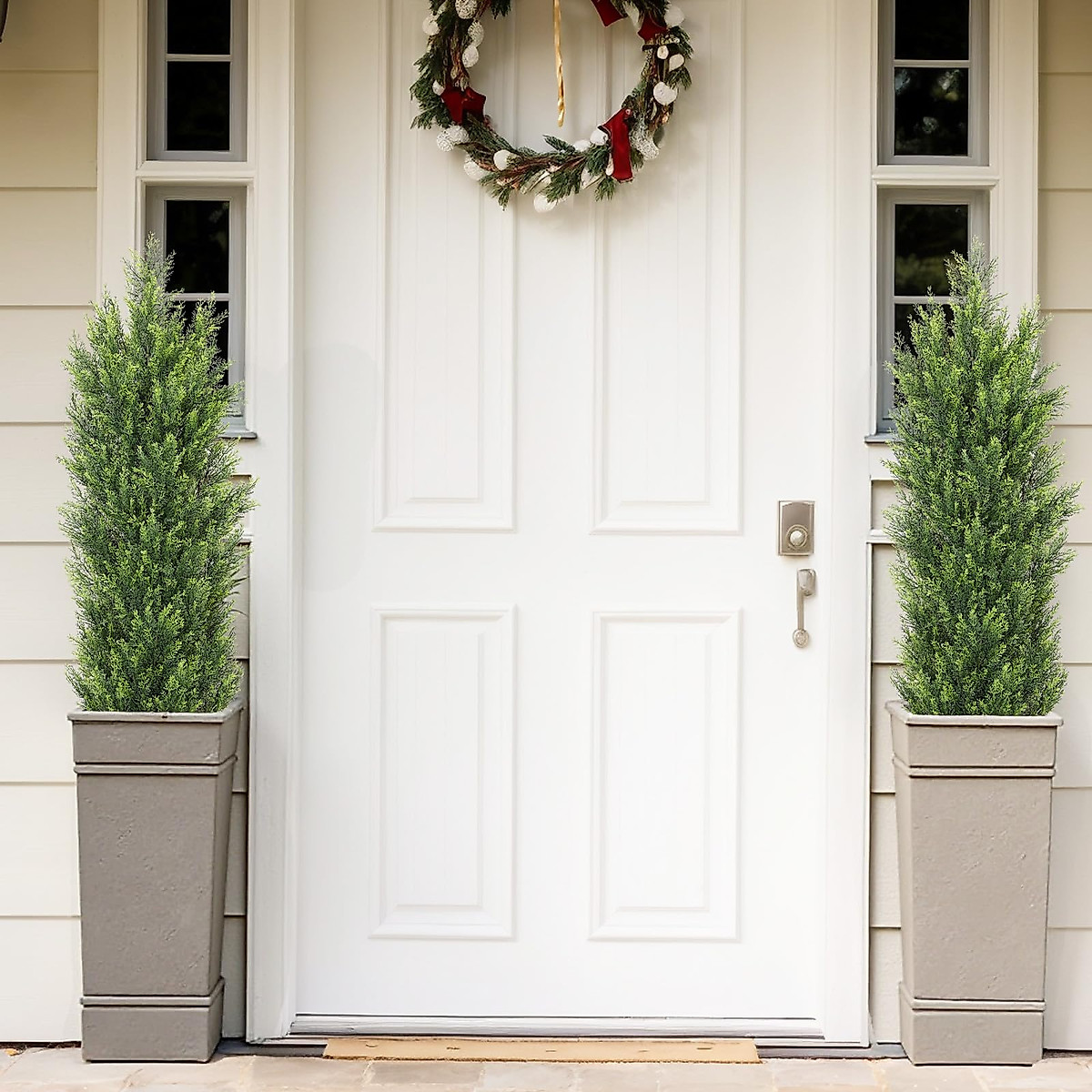 I.C.ELAINE 4 Foot Cedar Pine Topiary Trees Artificial Outdoor Set of 2 Pack, 4ft Fake Evergreen Plants UV Resistant, Faux Cypress Bushes and Shrubs for Front Door Porch Patio Planter Decor 48 Inch