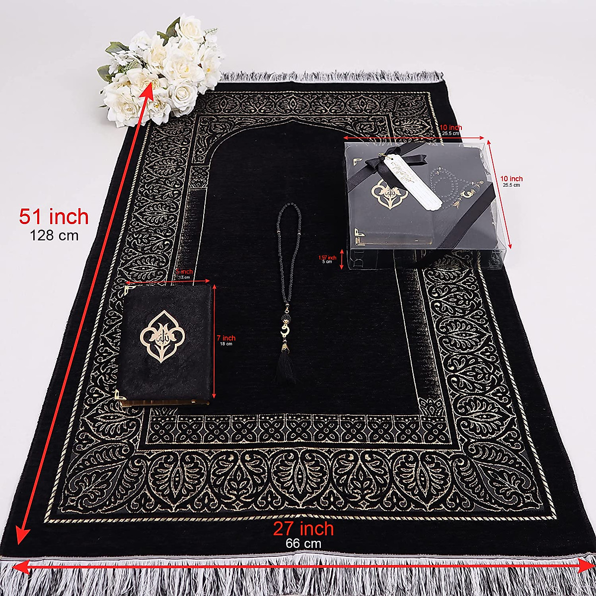 IEF Muslim Prayer Rug Islamic Prayer Mat Quran Prayer Beads Gift Set, Ramadan Eid Gifts, Birthday Gifts for Men, Velvet Prayer Rug Arabic Quran Pearl Tasbeeh