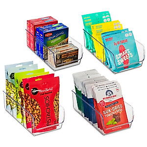 Set Of 4 Plastic Food Storage Organizer Bins - Divided 3 Compartment Kitchen Pantry Fridge Organizers for Food Packets, Seasoning, Spices, Sauce Packets, Pouches, Snacks - Clear Plastic Storage Rack