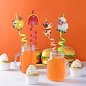 AFZMON 24 PCS Farm Aminal Drinking Straws Reusable Plastic Beverages Cocktail Straw with Cartoon Decoration for Kids Farm Animal BIrthday Party Supplies Favors,8 Styles
