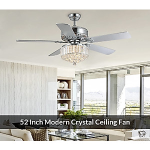 NOXARTE 52 inch Crystal Ceiling Fan with Lights, Modern Chrome Chandelier Ceiling Fan, Quiet Motor, 5 Reverse Wood Blades Crystal Fandelier Ceiling Fan Light Kit for Bedroom Living Dining Room