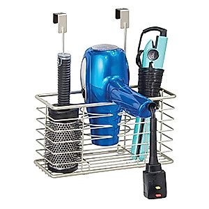 mDesign Steel Over Cabinet/Door Hair Dryer Holder Storage, Hair Styling Tool Organizer Basket for Bathroom - Hair Blow Dryer, Flat Iron, Curling Wand, Hair Straightener, Linelle Collection - Satin