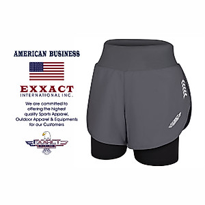 Exxact Sports 2 in 1 Shorts Women - Athletic Shorts with Spandex Underneath, Dry Fit Running Shorts with Pockets Women (Charcoal, AXS)