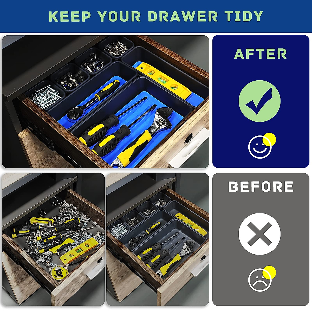 Vexercisehoop Tool Box Organizer, Tool Drawer Organizer Tray Divider, Toolbox Organization, Garage Tool Organizers and Storage, Tool Box Accessories for Rolling Tool Chest Cabinet (Blue (47PCS))