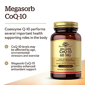 Solgar Megasorb CoQ-10 60 mg, 120 Softgels - Supports Heart & Brain Health - Coenzyme Q10 Supplement - Enhanced Absorption, Easy to Swallow - Gluten Free, Dairy Free - 120 Servings