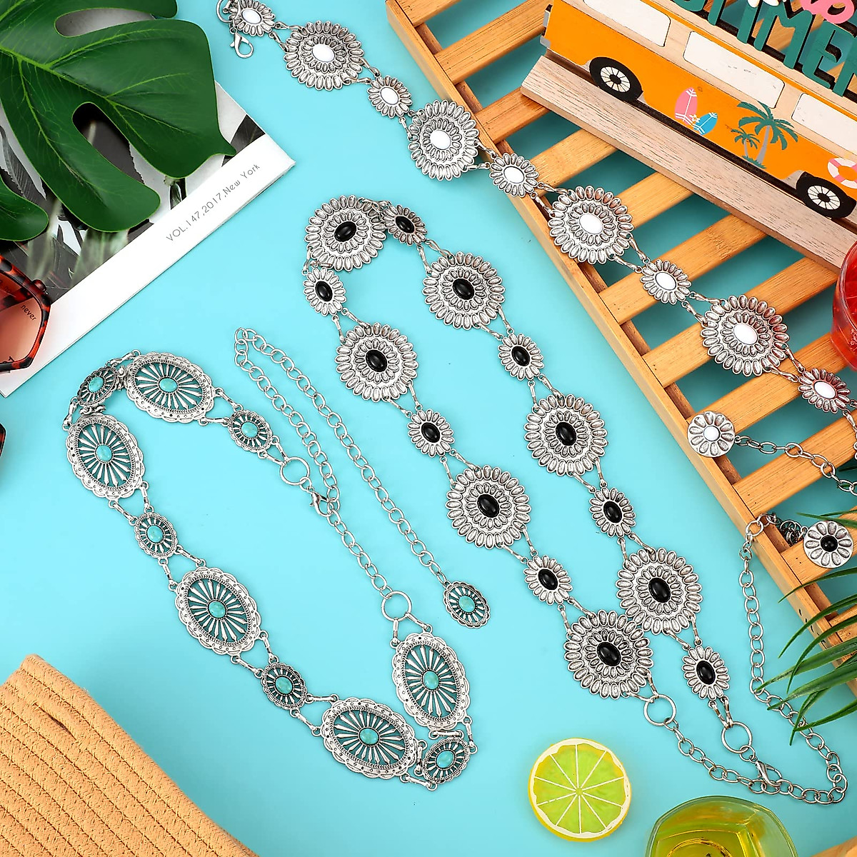 Junkin 3 Pcs Women Concho Western Chain Belts Turquoise Chain Belts Antique Western Waist Belts Country Metal Belt Link Belt (White, Black, Green)