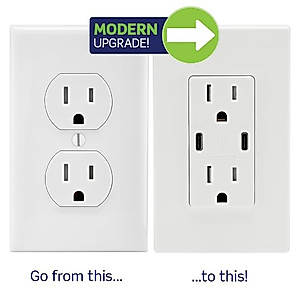 Leviton T5636-W 60W USB Dual Type-C Power Delivery In-Wall Charger with 15A Outlet, USB Charger for Laptops, Smartphones, Tablets, and More, White