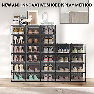 Fkprorjv XX Large Shoe Storage Box Organizer for Closet, 12 Pack Space Saving Versatile Clear Plastic Stackable Sneaker Shoe Rack Containers Bins Holders, Portable Closet Organizers and Storage, Black