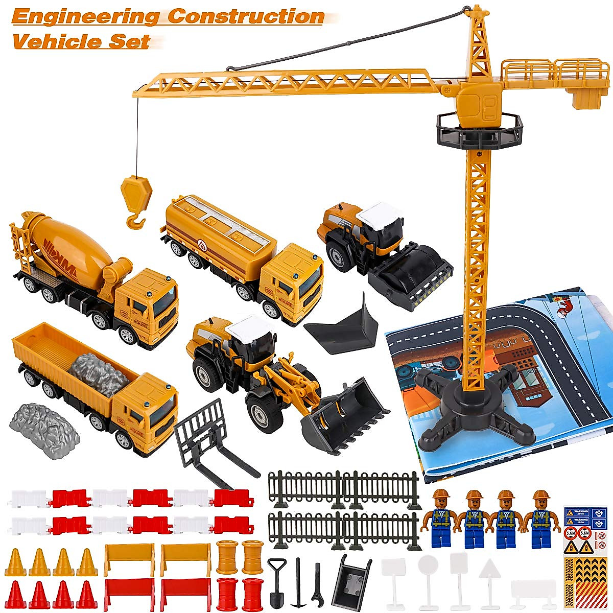 Meland Construction Vehicle Truck Toy Set - 64PCS Kids Engineering Truck Playset with Mat, Crane, Cement, Fuel Truck,Wheel Loader with 3 Interchangeable Parts,Birthday for Boys Toddlers