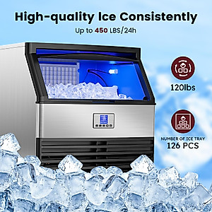 Commercial Ice Machine, 450 Lbs/24H, Under Counter Ice Machine with 120 Lbs Storage, Stainless Steel Freestanding ice Maker Machine Ice Cube Ready in 8-12 Mins, Self Cleaning with Water Filter