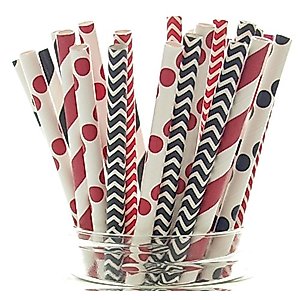 Pirate Straws (25 Pack) - Black, Red & White Sailor Pirates Paper Straws, Skeleton Skull Boys Birthday Party Supplies