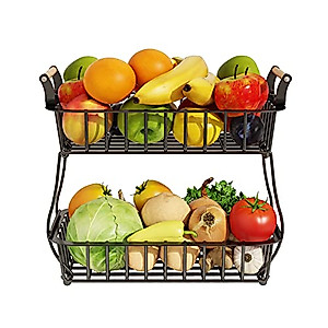 Wisdom Star 2 Tier Fruit Basket Bowl Farmhouse for Kitchen Countertop, Detachable Metal Bread Fruit Vegetable Storage Basket Stand Holder with Wooden Handle, Black