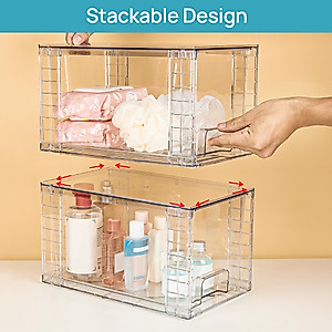 Vtopmart 4 Pack Large Stackable Storage Drawers,Clear Acrylic Drawer Organizers with Handles, Easily Assemble for Bathroom,Kitchen Undersink,Cabinet,Closet,Makeup,Pantry organization and Storage