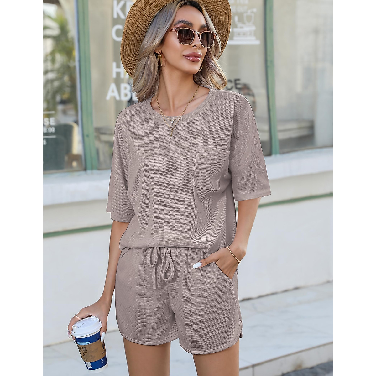 Andeip Women's Waffle Knit Pajama Set Casual Short Sleeve Shirt with Shorts Pajama Pant Sleepwear Sets Light Khaki M