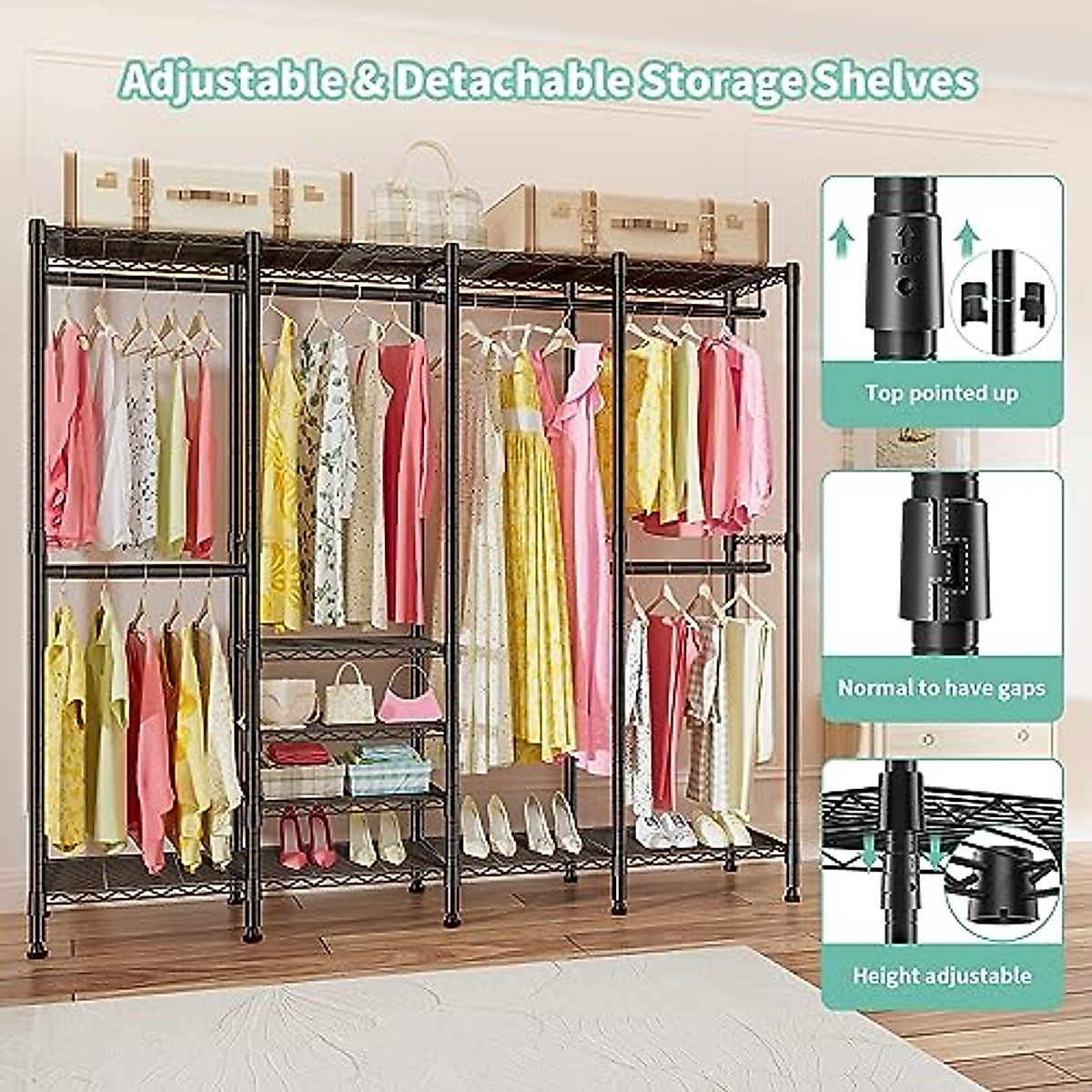 SEMHOR S5 Clothes Rack Heavy Duty Clothing Rack with 7 Shelves & 4 Hang Rods, Freestanding Metal Garment Racks for Hanging Clothes, Black Portable Wardrobe Closet 15.8"W X 76"L X 75.6"H, Load 920LBS