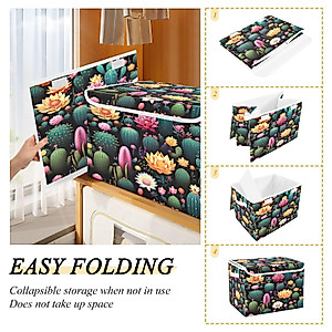 FUGIDOG Storage Boxes with Lids and Handles Watercolour Cactus Foldable Fabric Storage Bins Closet Organizer Large Toy Clothes Containers for Home, Bedroom, Shelves, Office